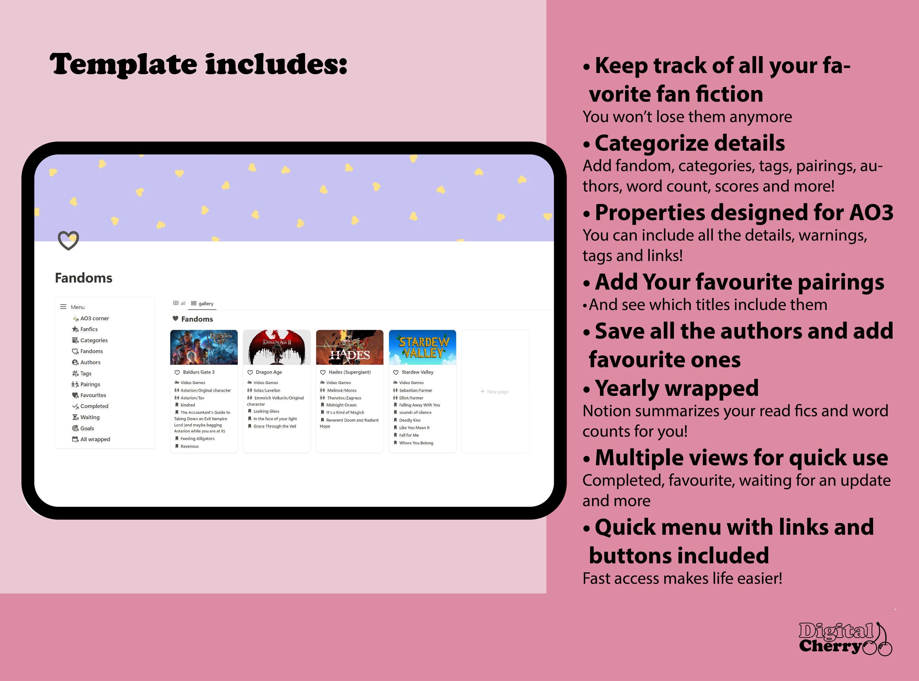 AO3 Notion Tracker, Fanfiction Notion Template, Notion Hub, Fanfiction ...