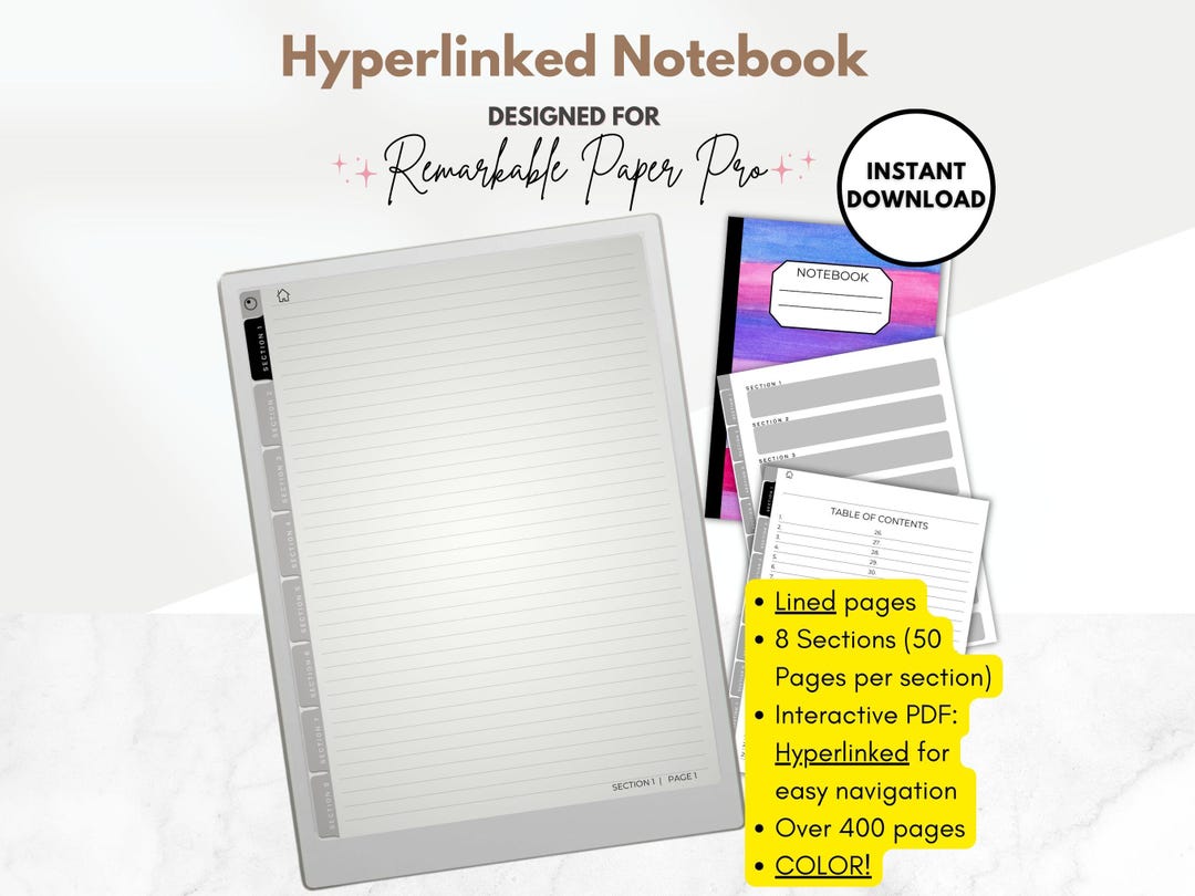 Lined Digital Notebook, 8 Hyperlinked Sections, Interactive PDF, Left ...
