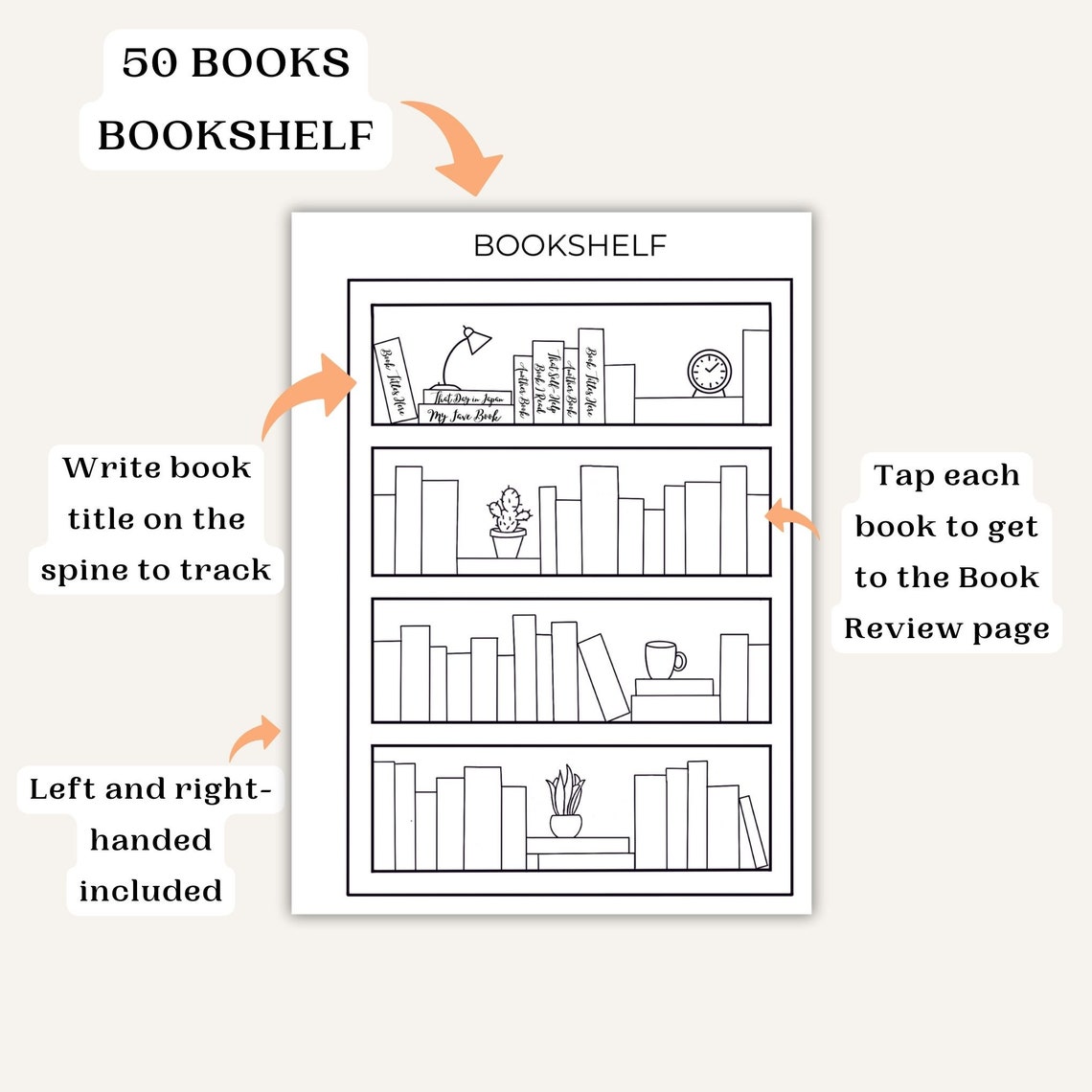 Reading Journal, 50 Book Bookshelf & Book Review, Reading Log, Book Log ...