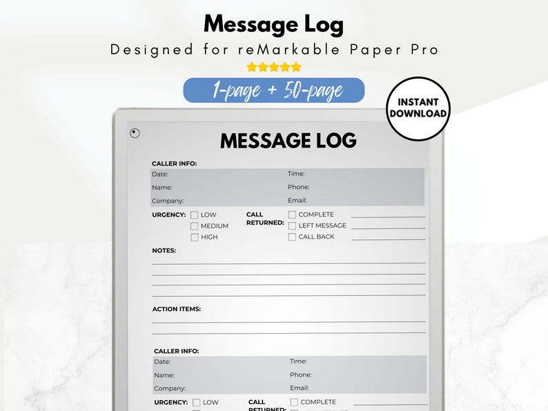 Phone Call Log for Remarkable Paper Pro Message Log, Voicemail Log ...