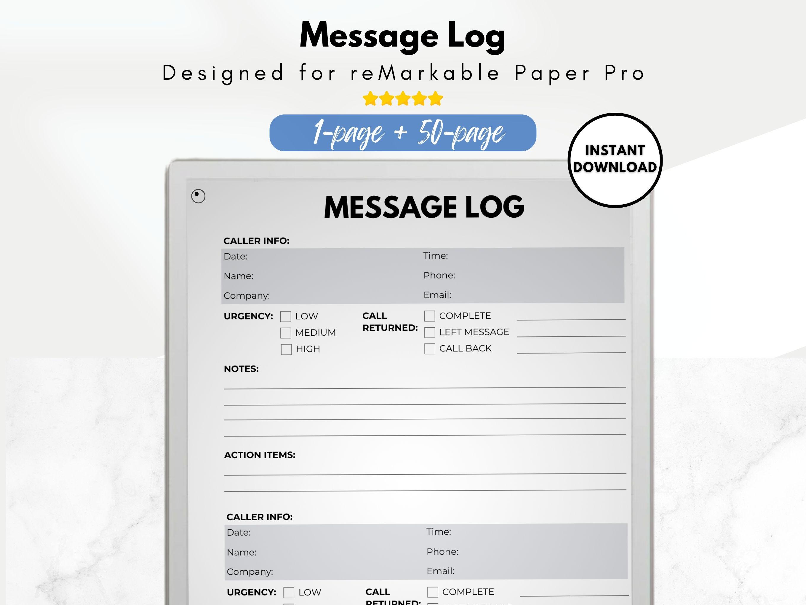 Phone Call Log for Remarkable Paper Pro Message Log, Voicemail Log ...