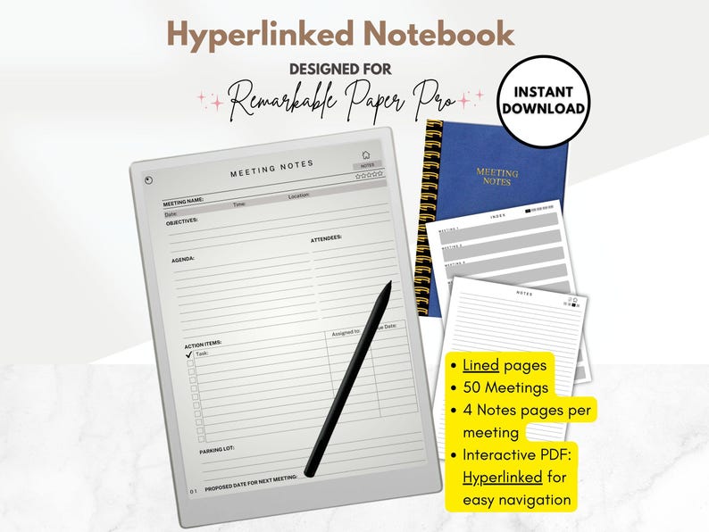Meeting Minutes Template for Remarkable Paper Pro, 50 Hyperlinked ...