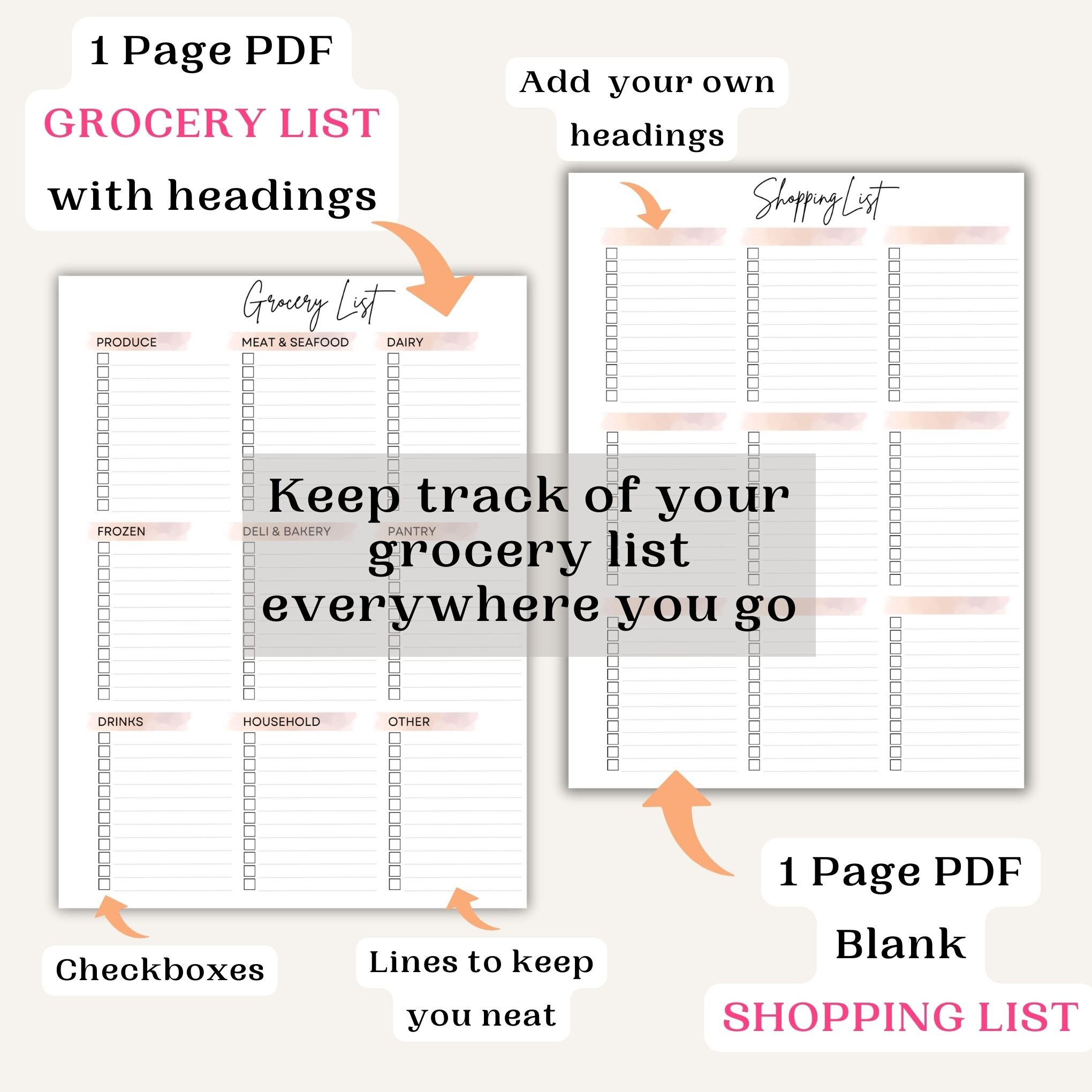 Grocery List, Shopping List Checklist, 2 Styles, Left and Right Handed ...