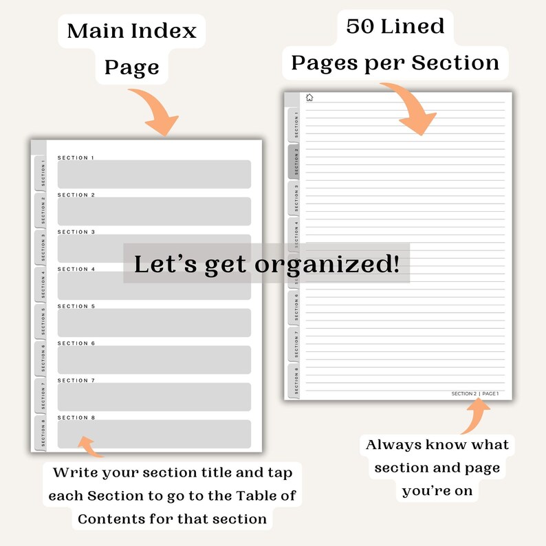 Lined Digital Notebook for Remarkable 2, 8 Hyperlinked Sections ...