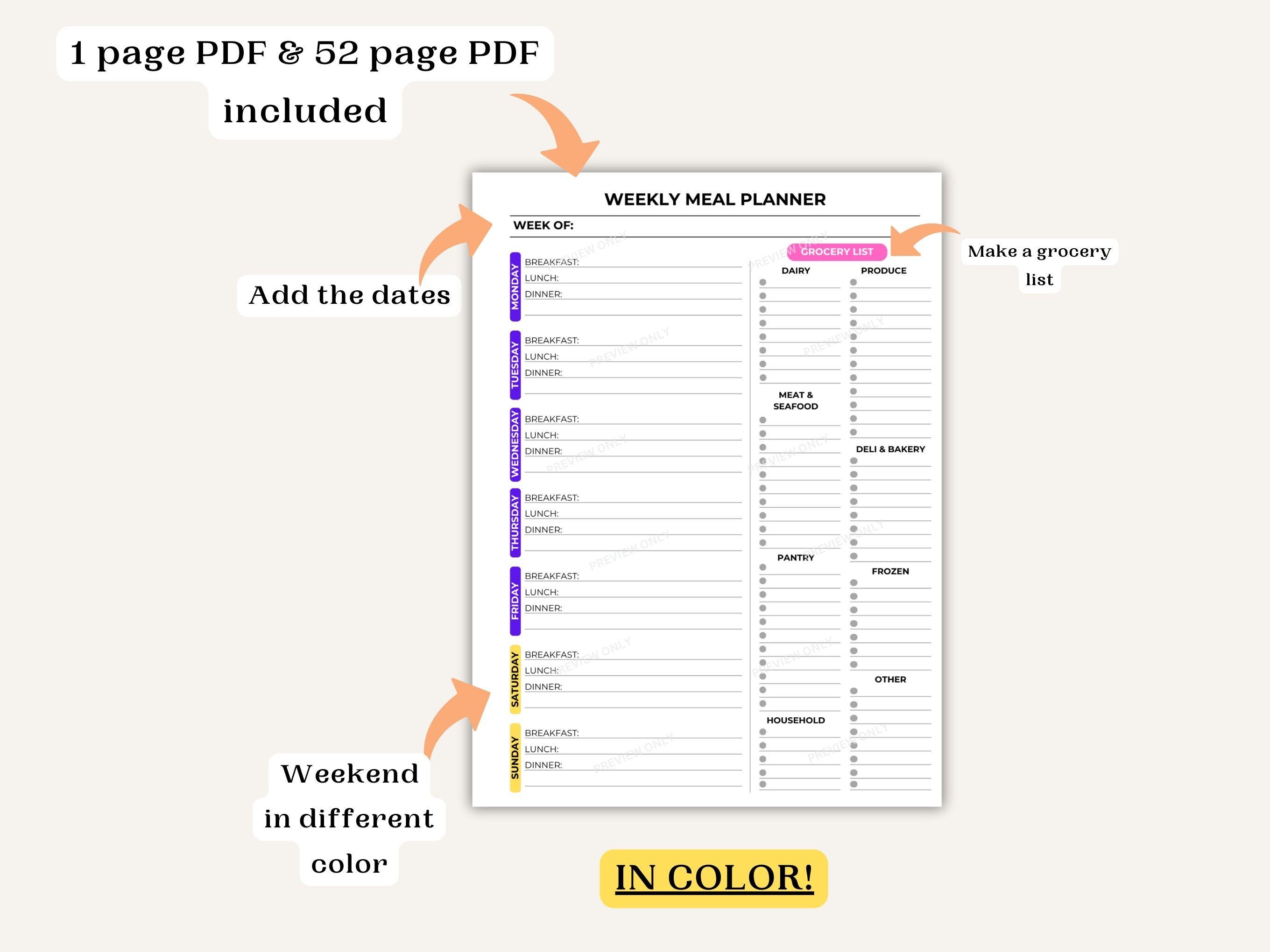 Simple Menu Planner Template, Meal Planner, Grocery List, Left and Right Handed Versions Meal ...