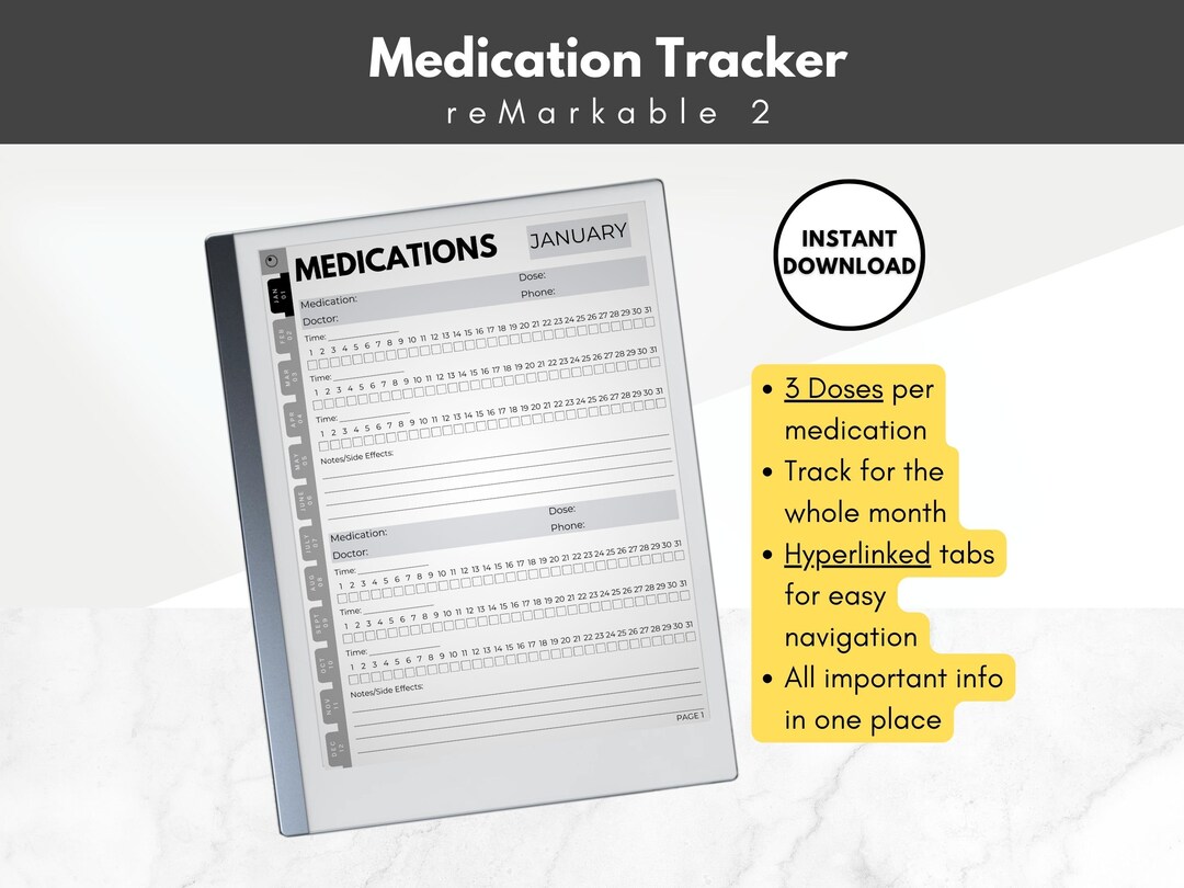 Remarkable 2 Template Medication Tracker, Monthly Hyperlinked PDF ...