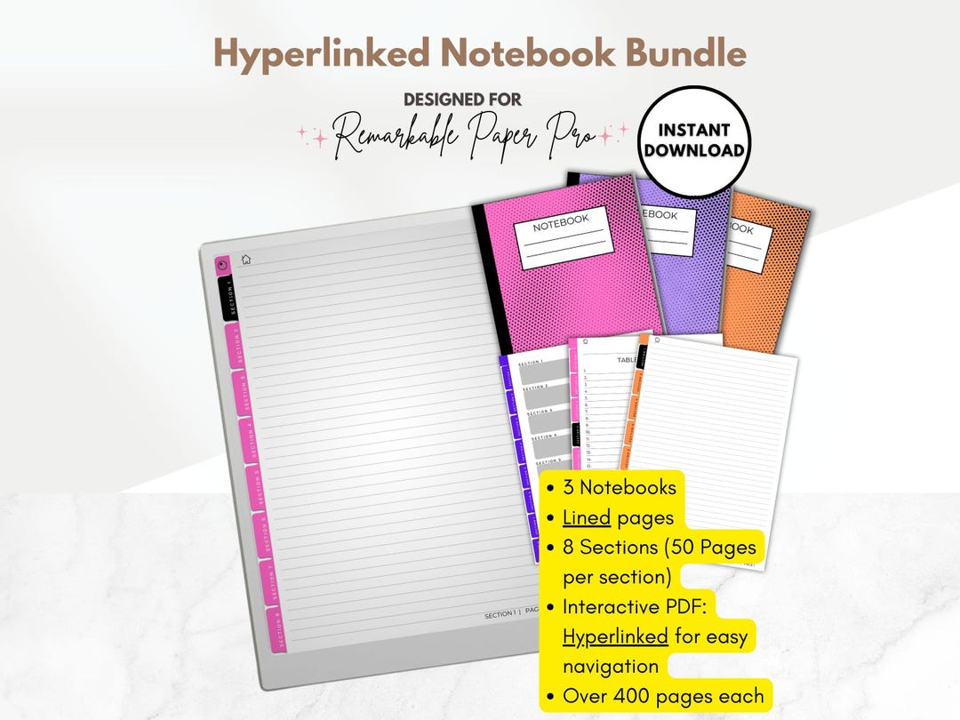 Hyperlinked Notebook Bundle in Color for Remarkable Paper Pro, 3 Lined ...