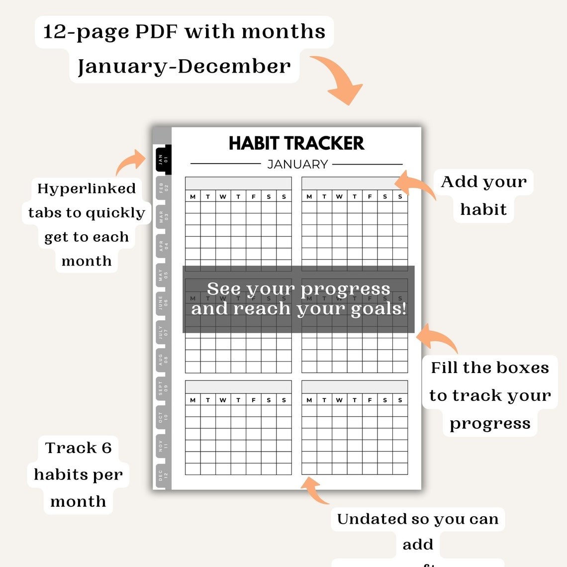 Remarkable 2 Template Monthly Habit Tracker Track 6 Habits - Etsy