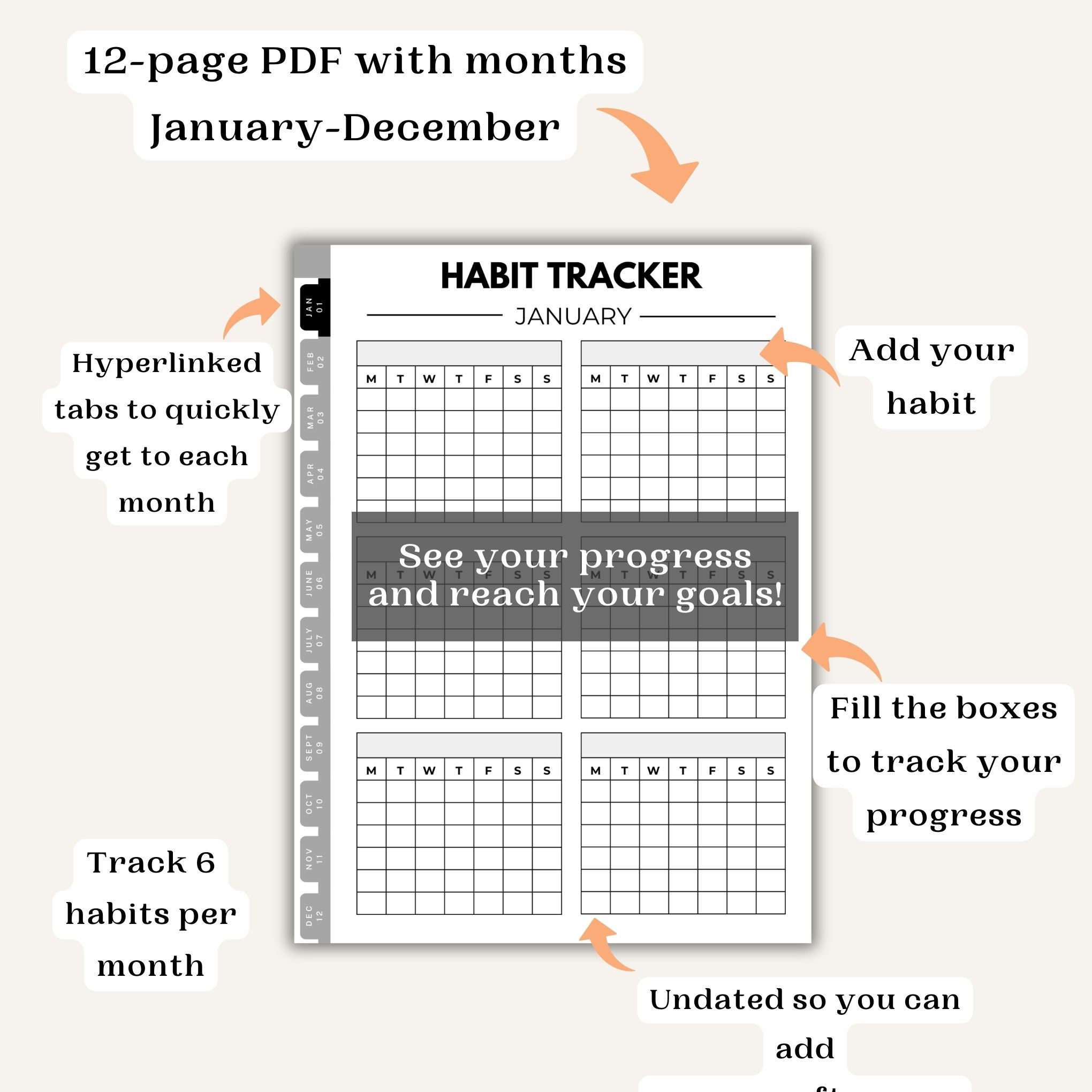 Remarkable 2 Template Monthly Habit Tracker Track 6 Habits - Etsy