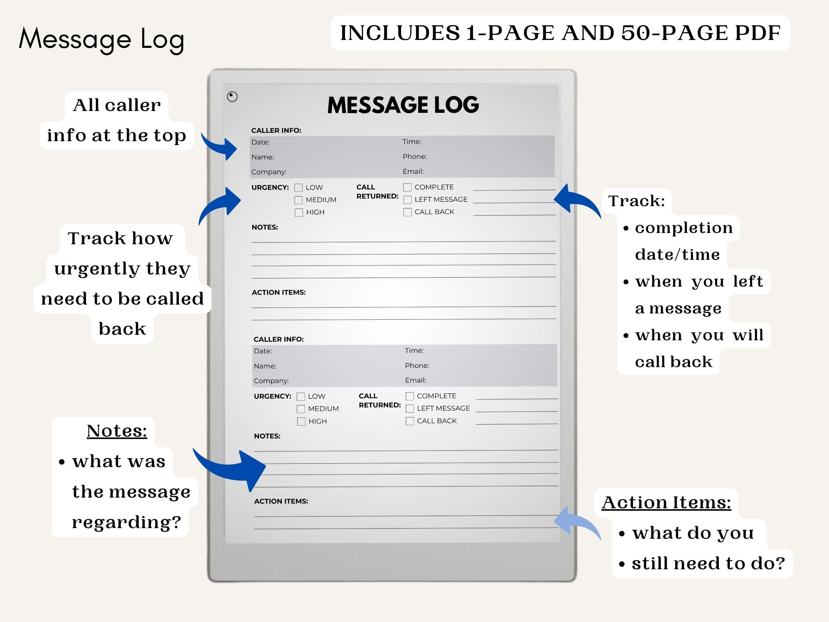 Phone Call Log for Remarkable Paper Pro Message Log, Voicemail Log ...