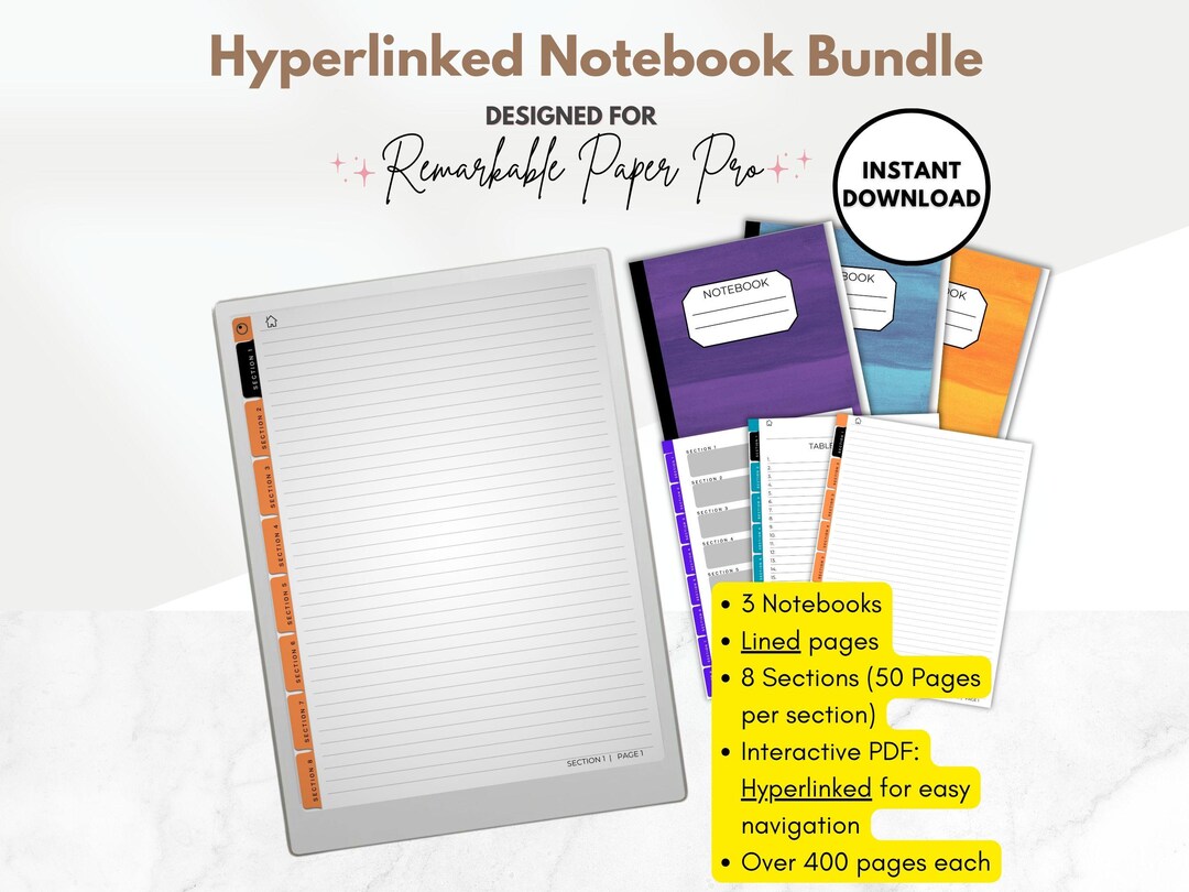 Hyperlinked Notebook Bundle in Color, 3 Lined Digital Notebooks ...