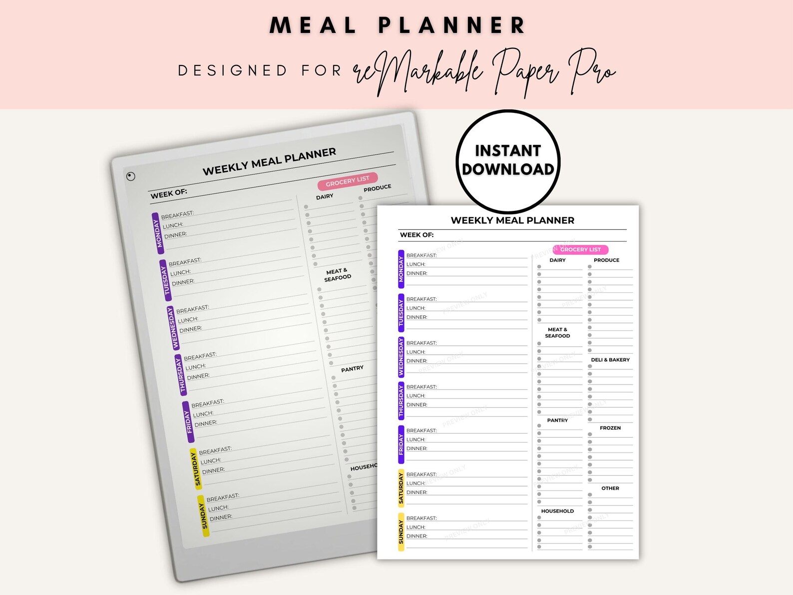 Simple Menu Planner Template, Meal Planner, Grocery List, Left and ...