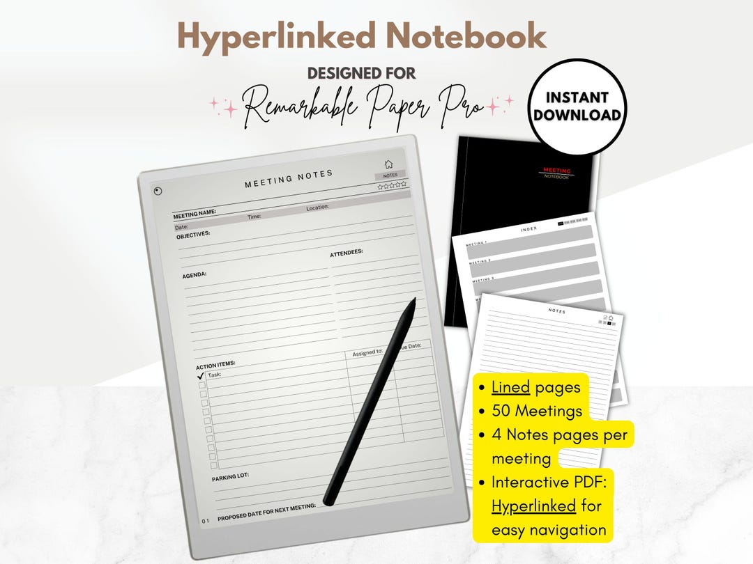 Meeting Notes Digital Notebook, 50 Hyperlinked Meetings, Dark Color ...