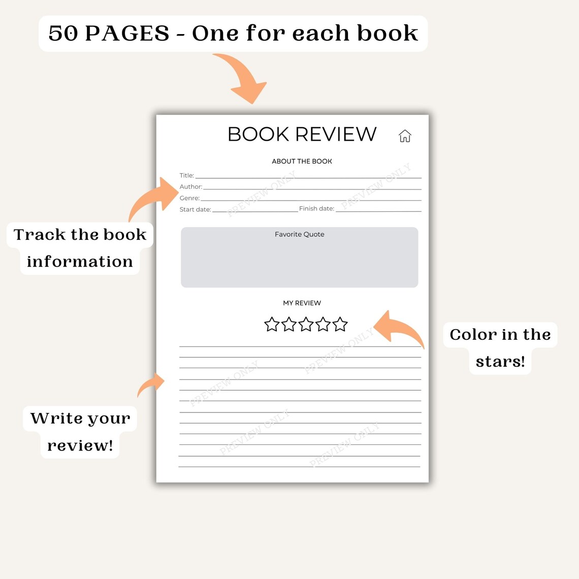 Reading Journal, 50 Book Bookshelf & Book Review, Reading Log, Book Log ...