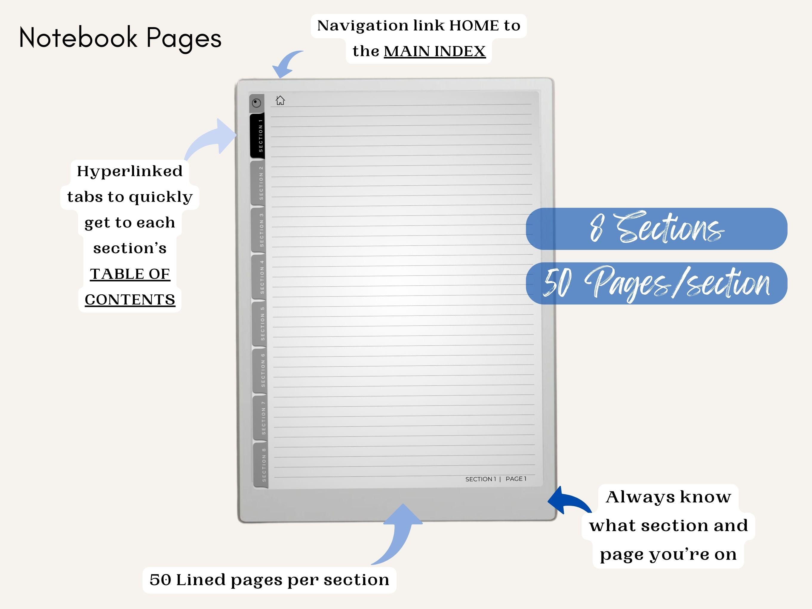 Lined Digital Notebook, 8 Hyperlinked Sections, Interactive PDF, Left ...