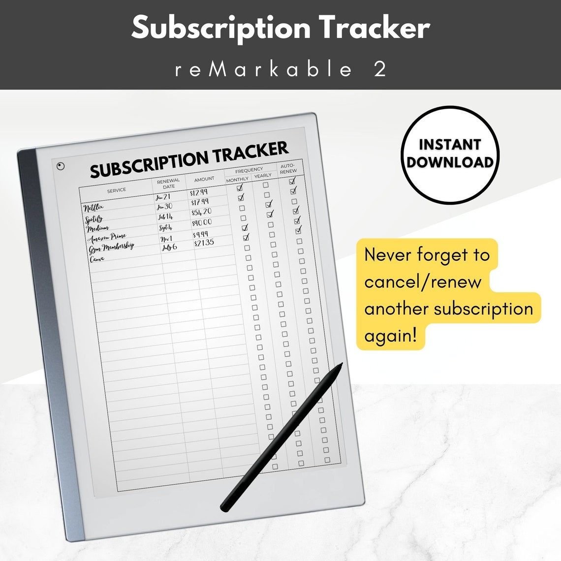 Remarkable 2 Template Simple Subscription Tracker Left and - Etsy