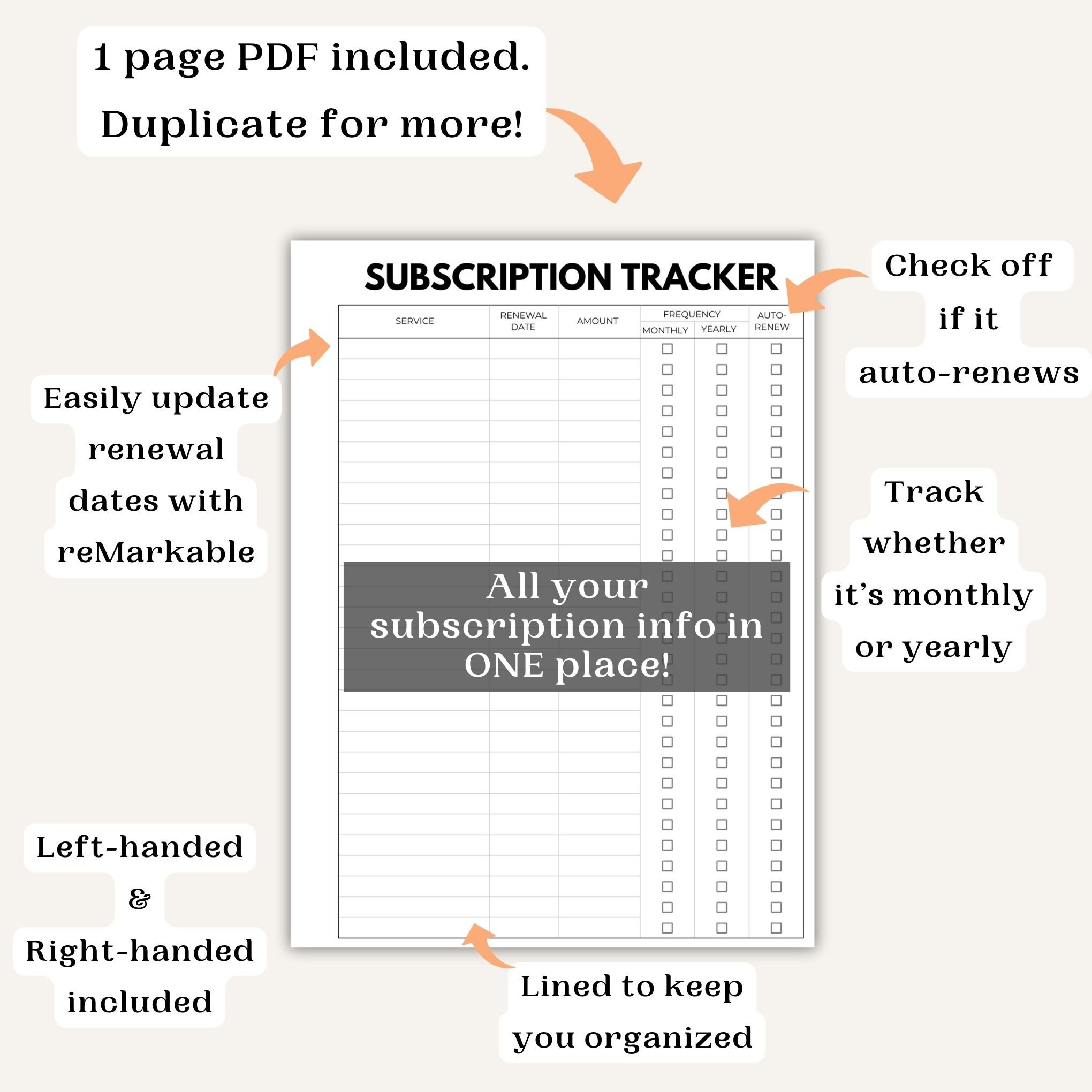 Remarkable 2 Template Simple Subscription Tracker Left and - Etsy