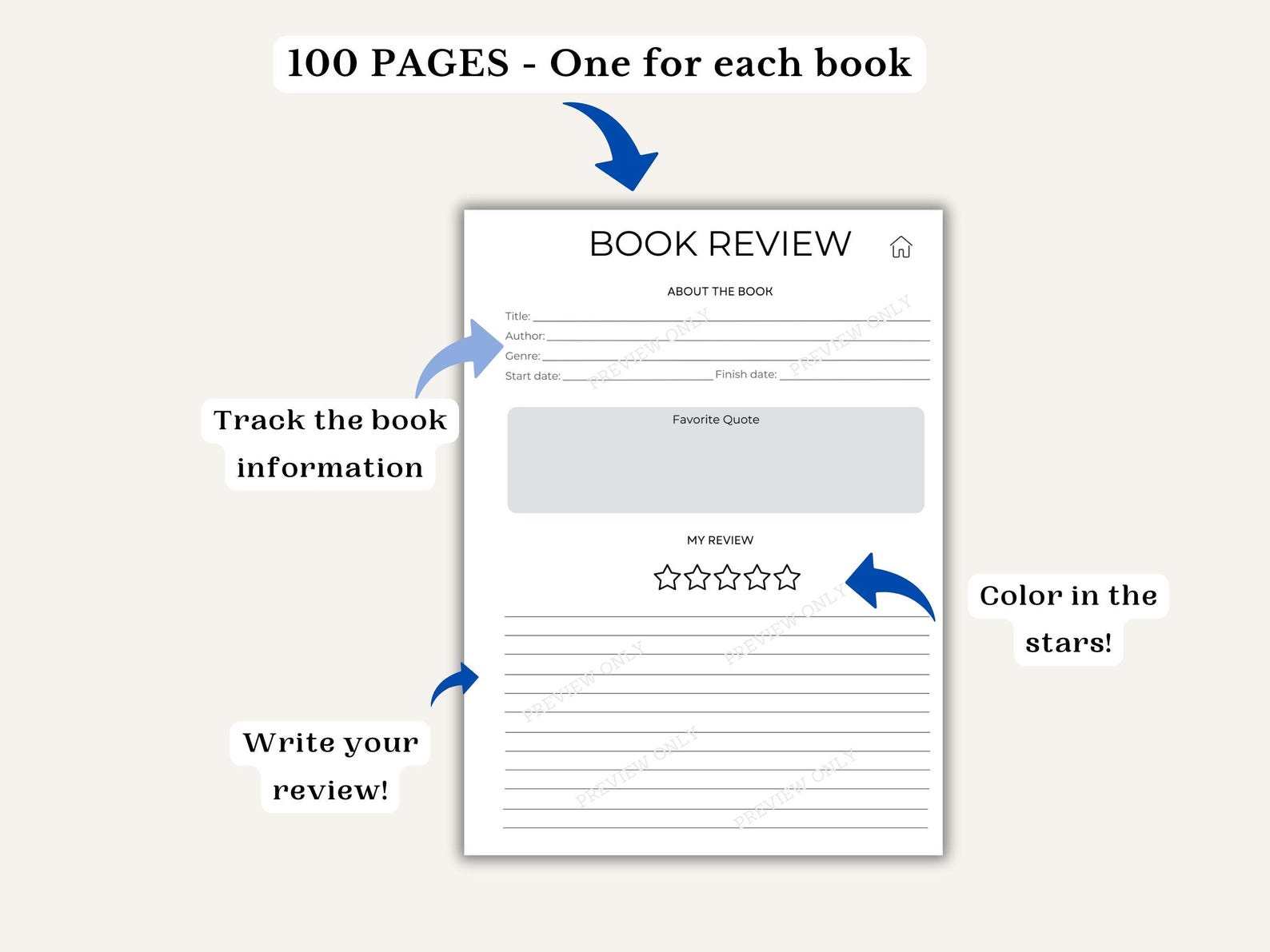 Reading Journal, 100 Book Bookshelf & Book Review, Reading Log, Book ...