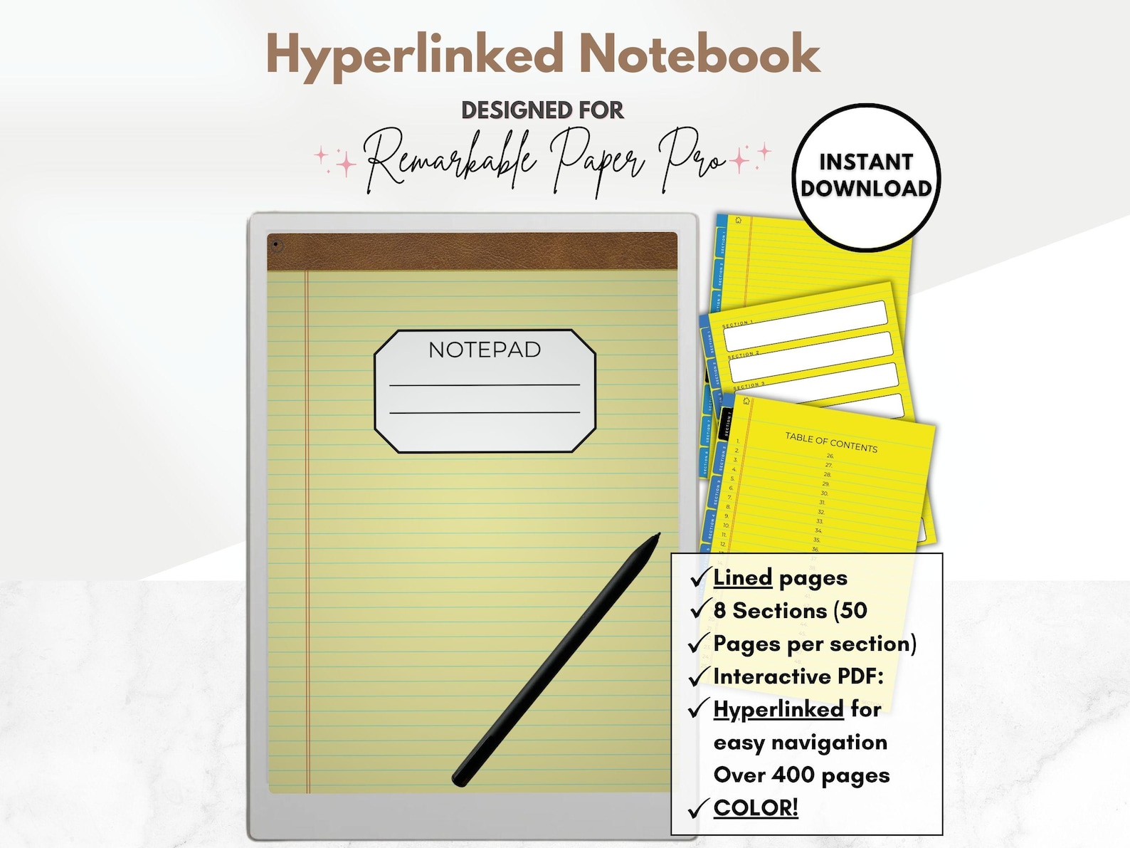 Yellow Legal Pad Notebook for Remarkable Paper Pro, 8 Hyperlinked ...
