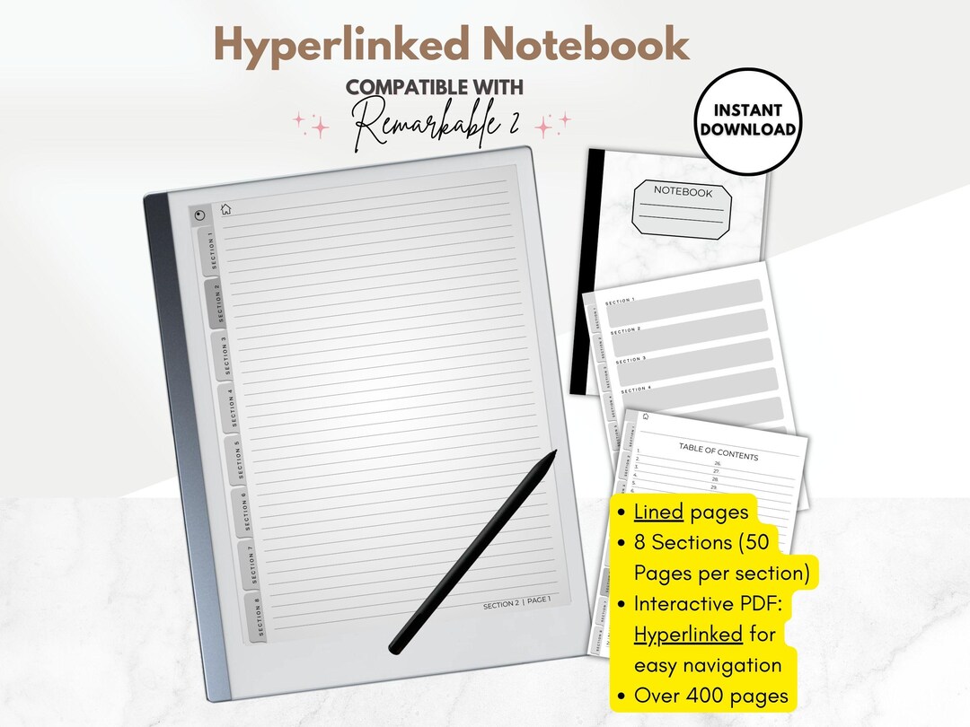 Lined Digital Notebook for Remarkable 2, 8 Hyperlinked Sections ...