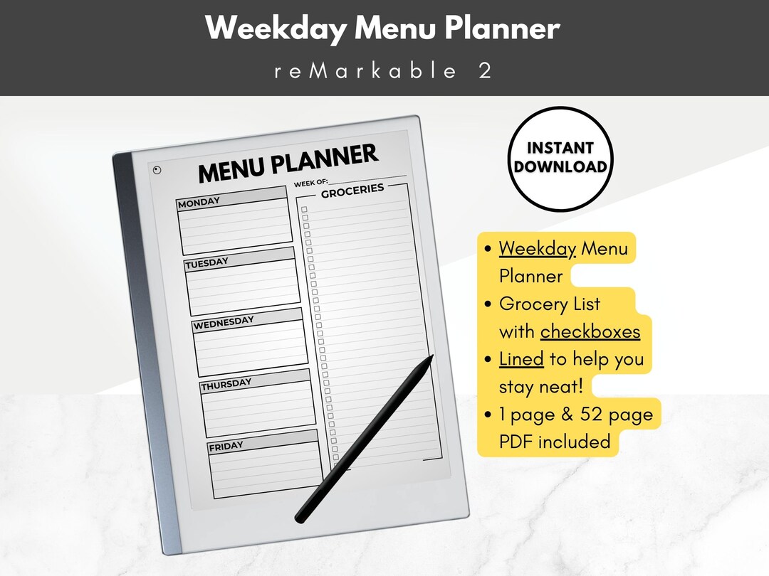 Remarkable 2 Template Weekday Menu Planner, Grocery List, Left and ...