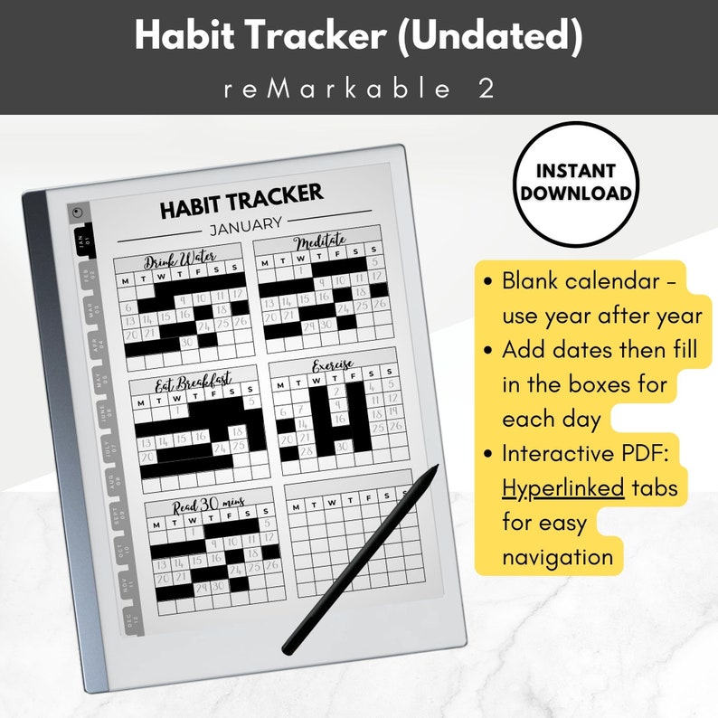 Remarkable 2 Template Monthly Habit Tracker Track 6 Habits - Etsy