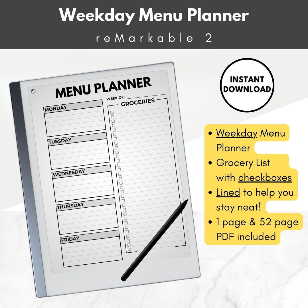 Remarkable 2 Template Weekday Menu Planner Left and Right - Etsy