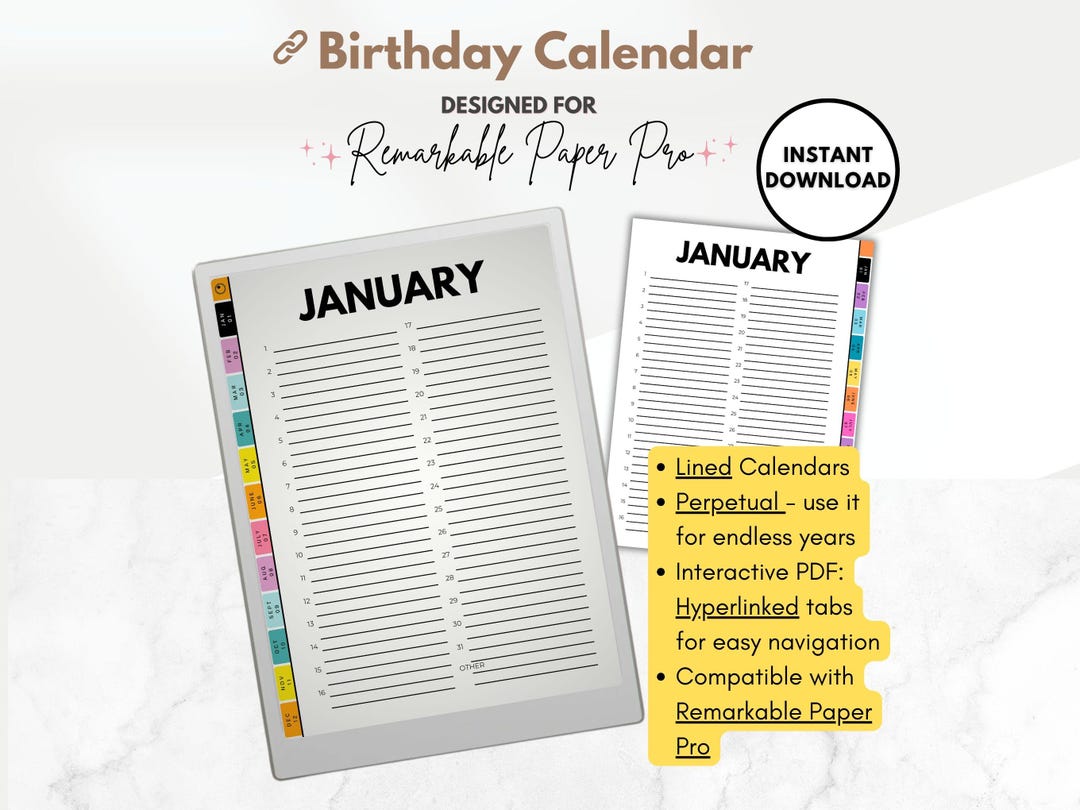 Birthday Calendar, Perpetual Calendar, Lined Calendars, Simple Color ...