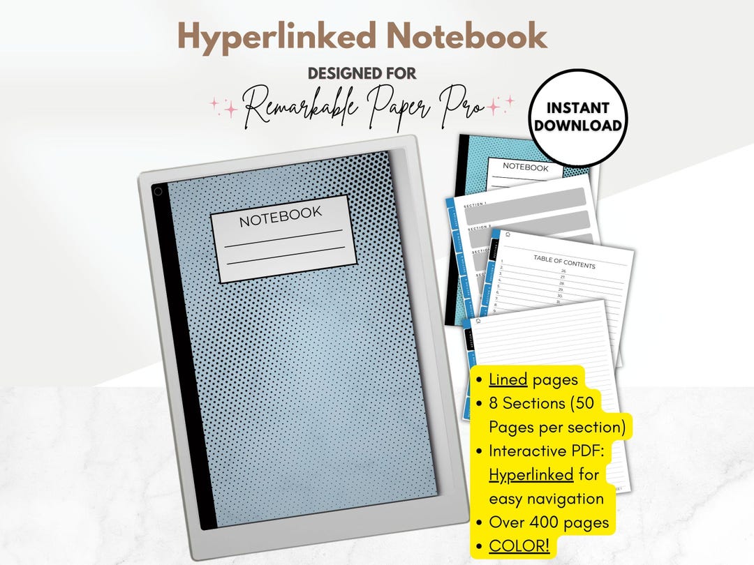 Lined Digital Notebook Tempate for Remarkable Paper Pro, Blue, 8 ...