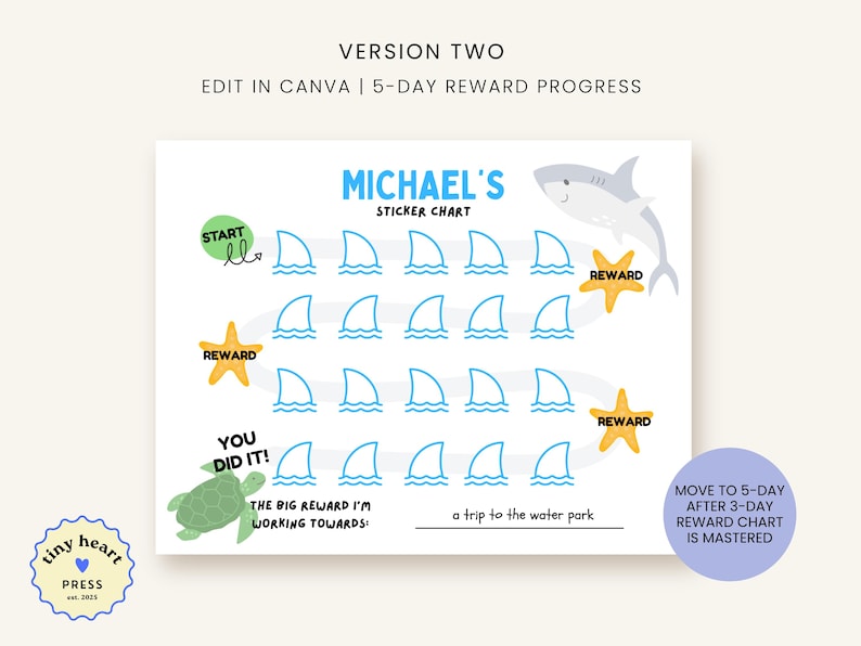 Shark Sticker Chart Printable: Kids Reward System (canva Template & PDF ...