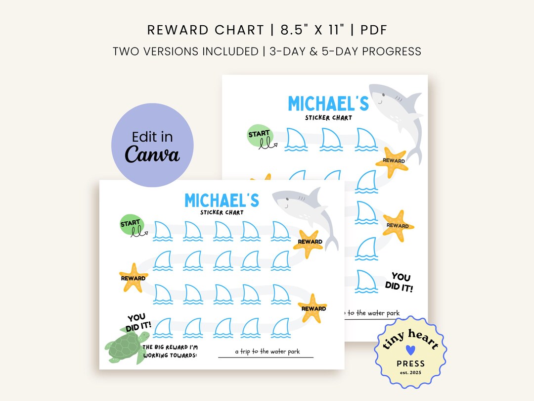 Shark Sticker Chart Printable: Kids Reward System (canva Template & PDF ...