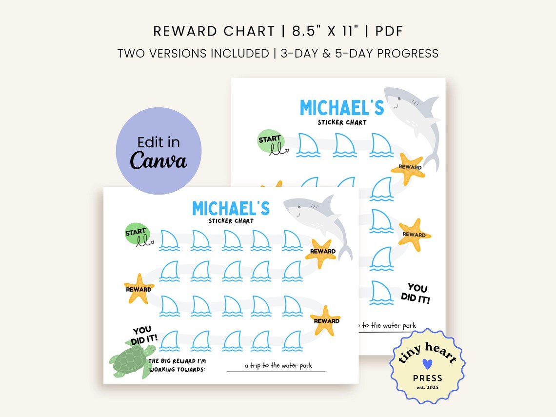 Shark Sticker Chart Printable: Kids Reward System (canva Template & PDF ...