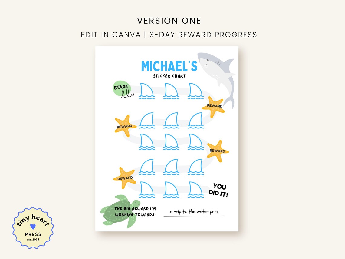 Shark Sticker Chart Printable: Kids Reward System (canva Template & PDF ...