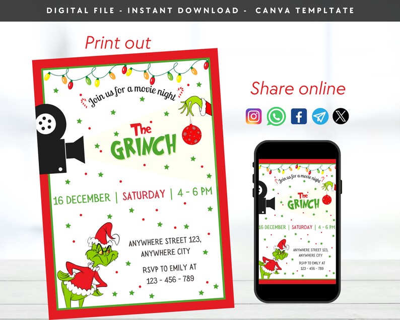 Editable Merry Grinchmas Invitation, Christmas Movie Night, Mobile ...