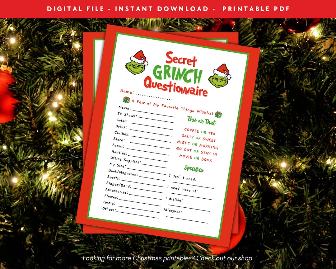 Secret Grinch Questionnaire, Grinch Gift Exchange, Secret Santa Survey ...