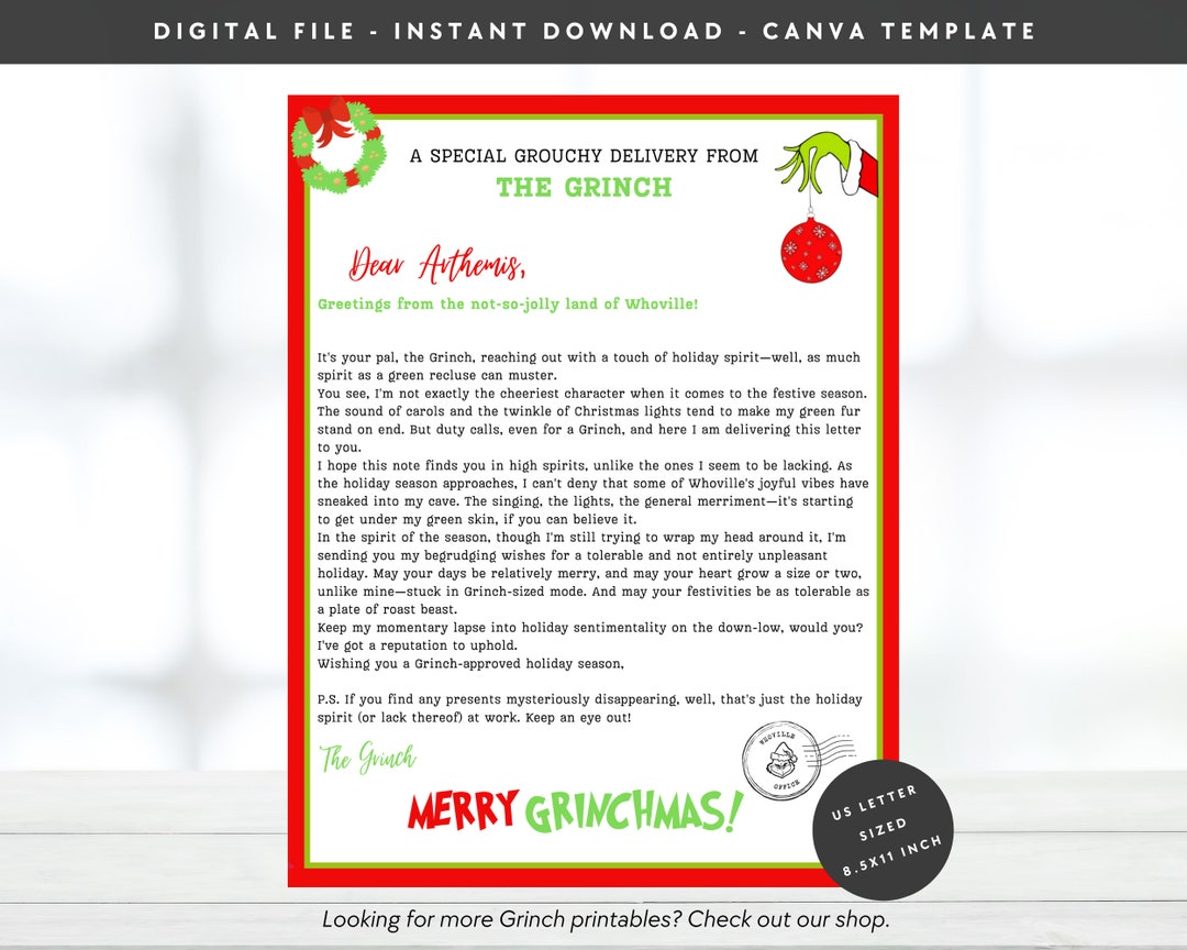 Editable Official Letter From Grinch Merry Grinchmas Santa - Etsy UK