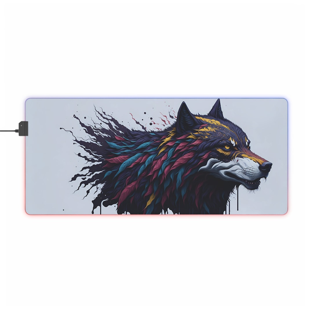 Wolf Drawing Led RGB Gaming Desk Mouse Pad, Large Gaming Desk Mat, Wolf ...