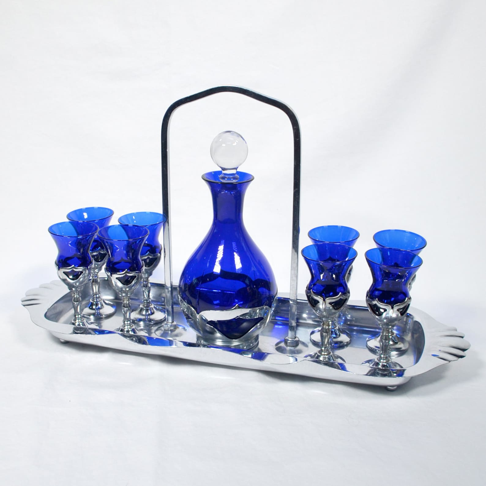 1930s Farber Bros Nautilus Royal Blue Cambridge Glass Decanter and 8 ...