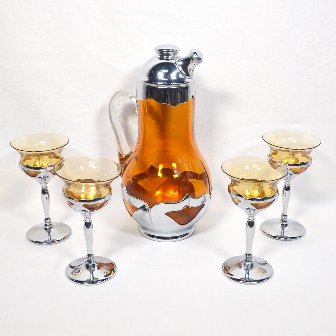1930s Farber Bros Amber Cambridge Glass Cocktail Shaker With 4 Stemmed ...