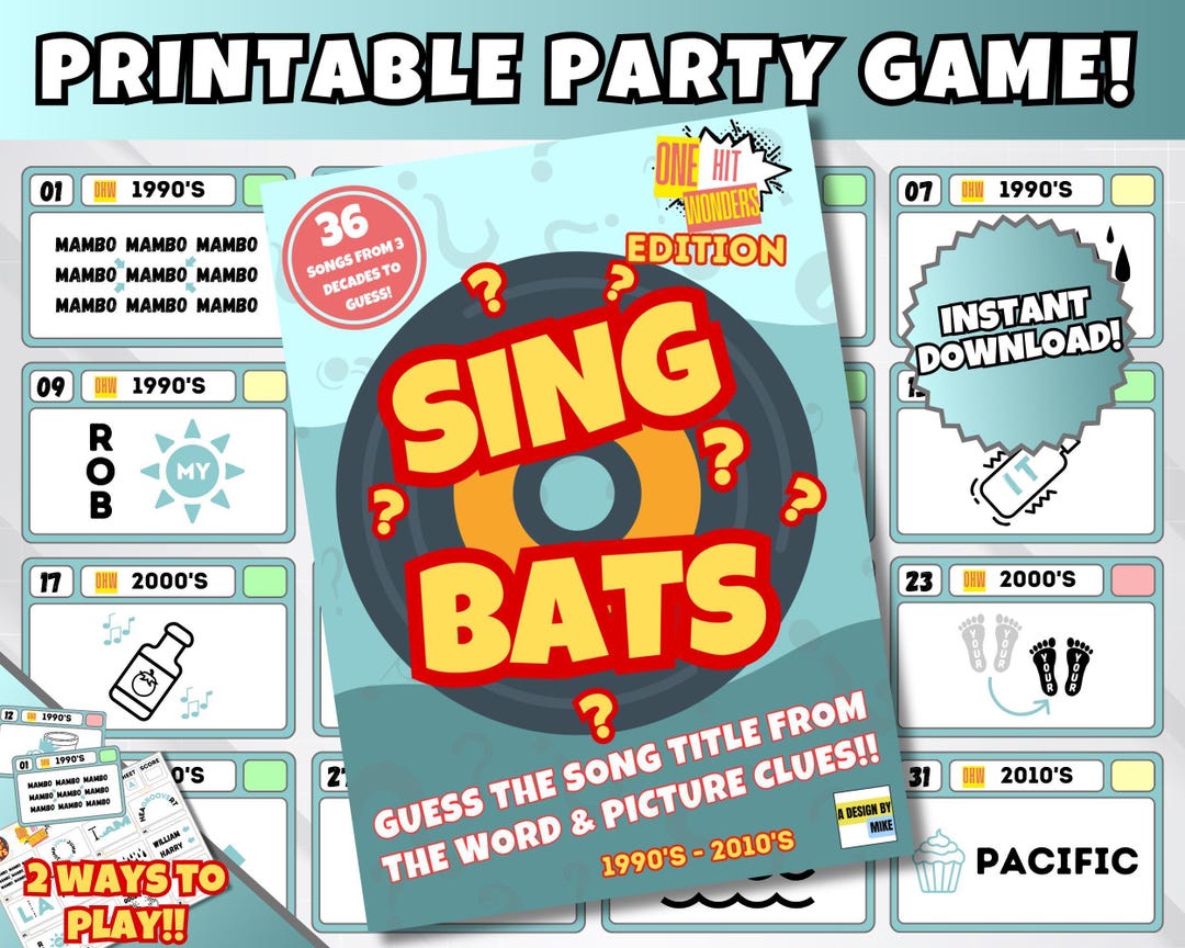 Printable Dingbats Puzzle Party Game | 'singbats' One Hit Wonders 1990 ...