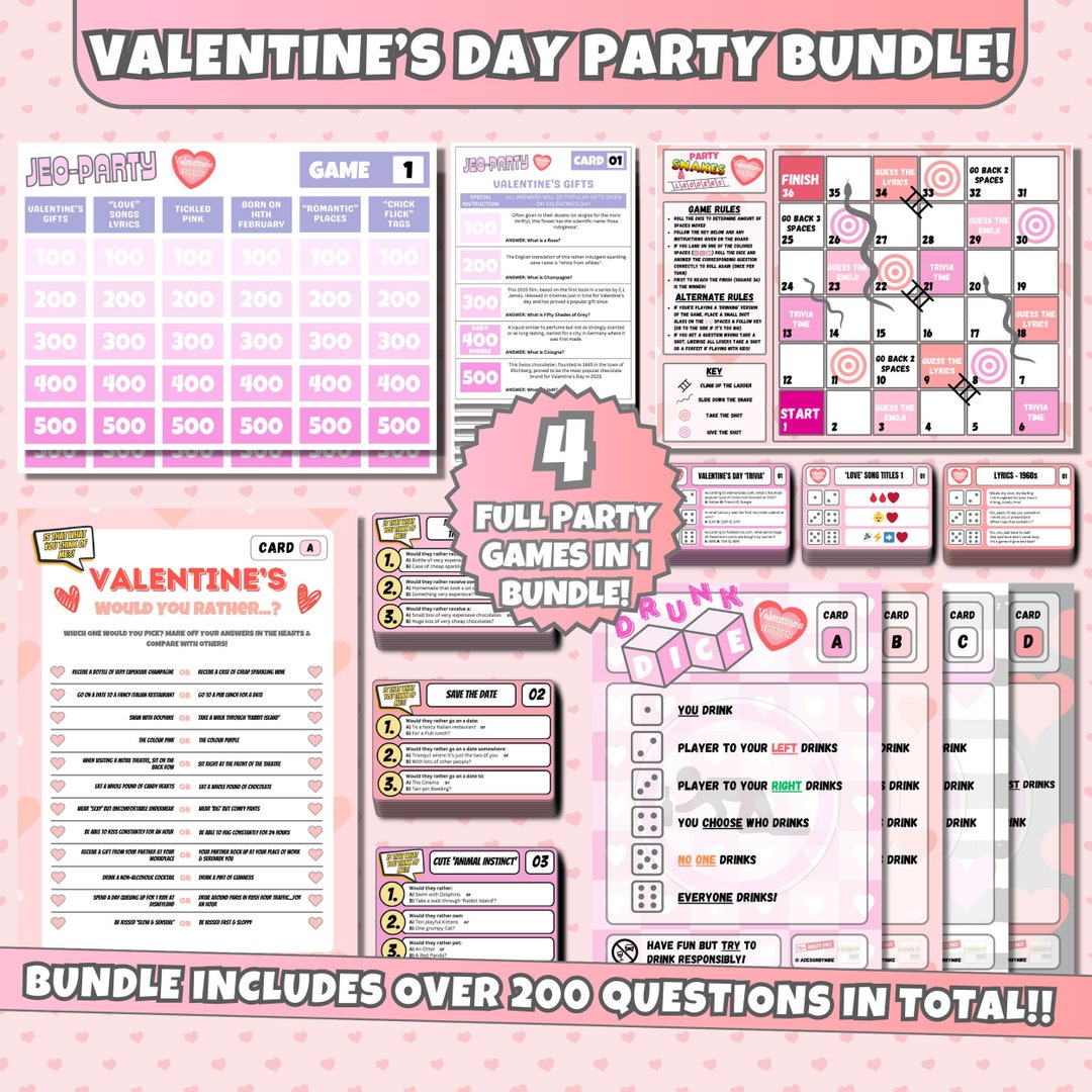 Valentine's Day Printable Party Games Bundle Jeopardy Shots & Ladders ...