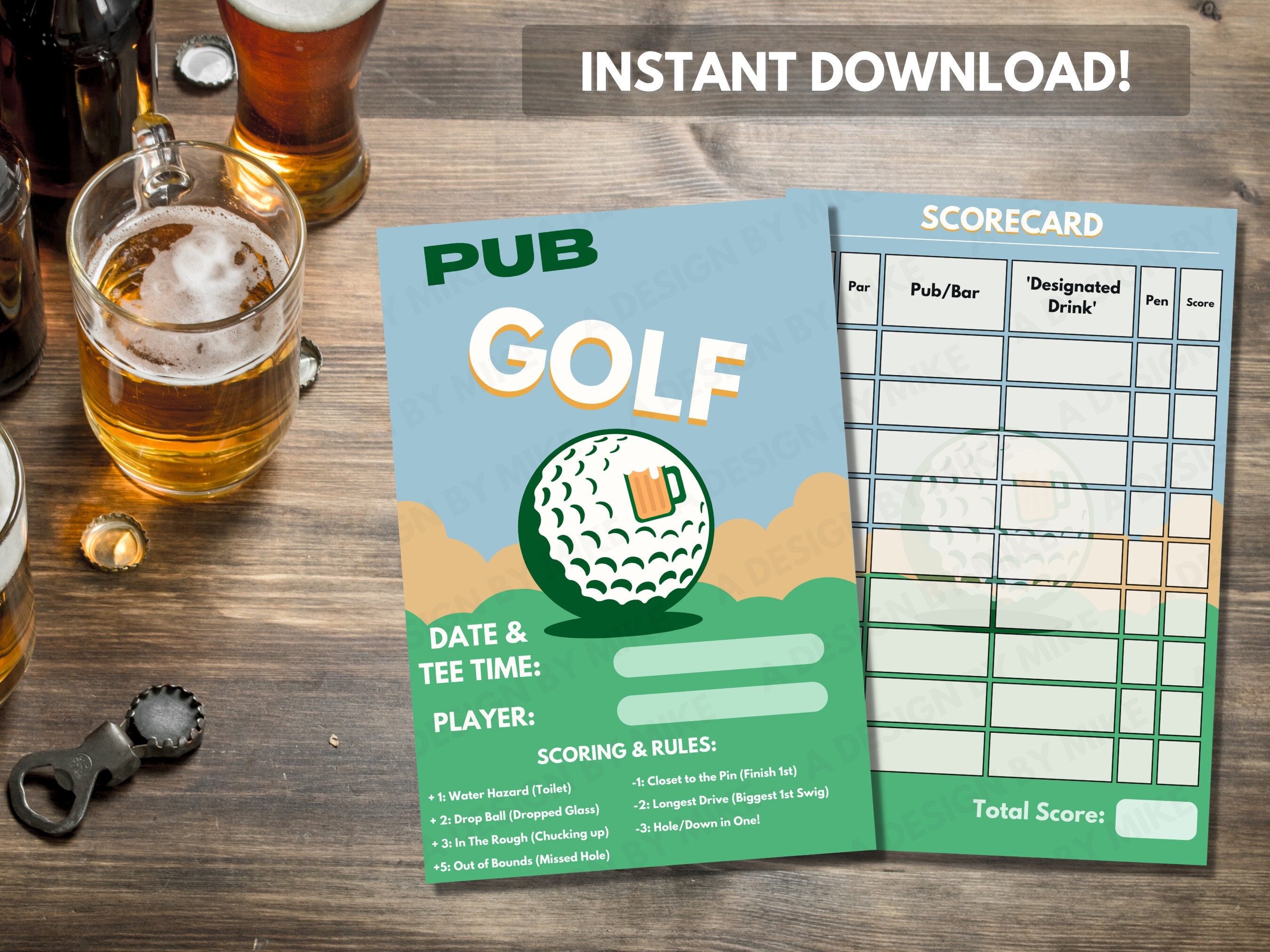 Pub Golf Bar Crawl Golf Score Card Instant Download & Printable 6 or 9 ...