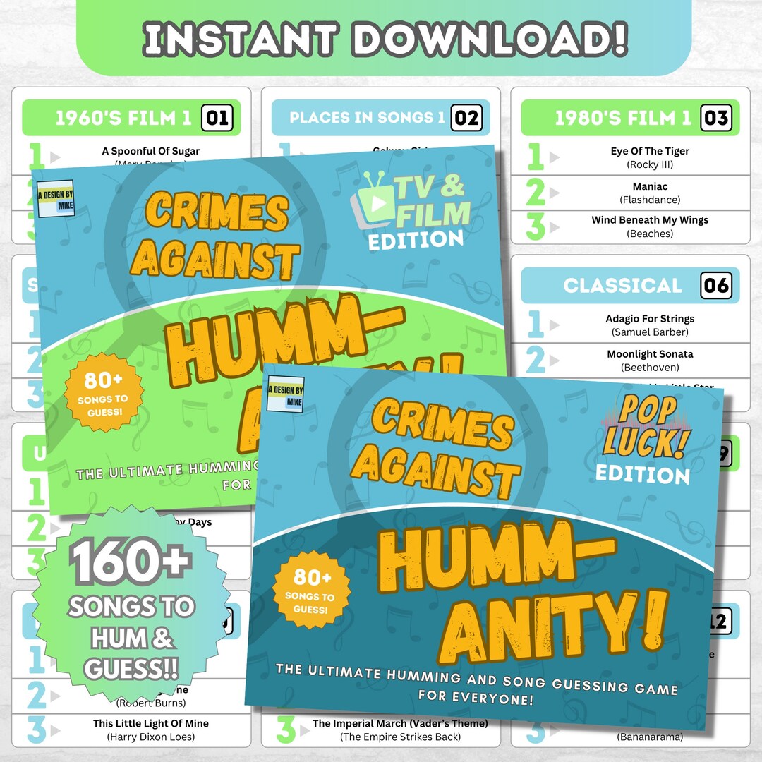 Fun TV + Film Song Naming Party Game Bundle | Crimes Against Humm-anity ...