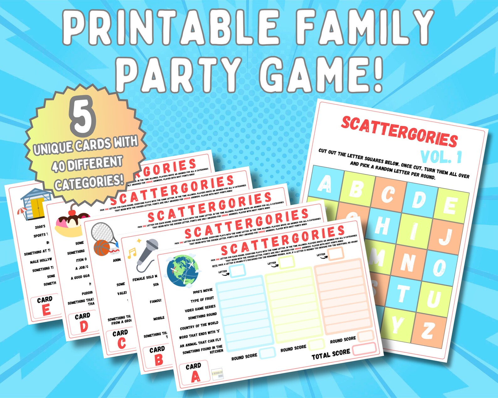 Printable Scattergories Game | 40 Categories, Family Party (instant ...