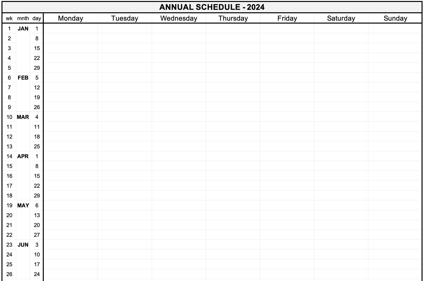 Annual Schedule - Spreadsheet Template - Etsy