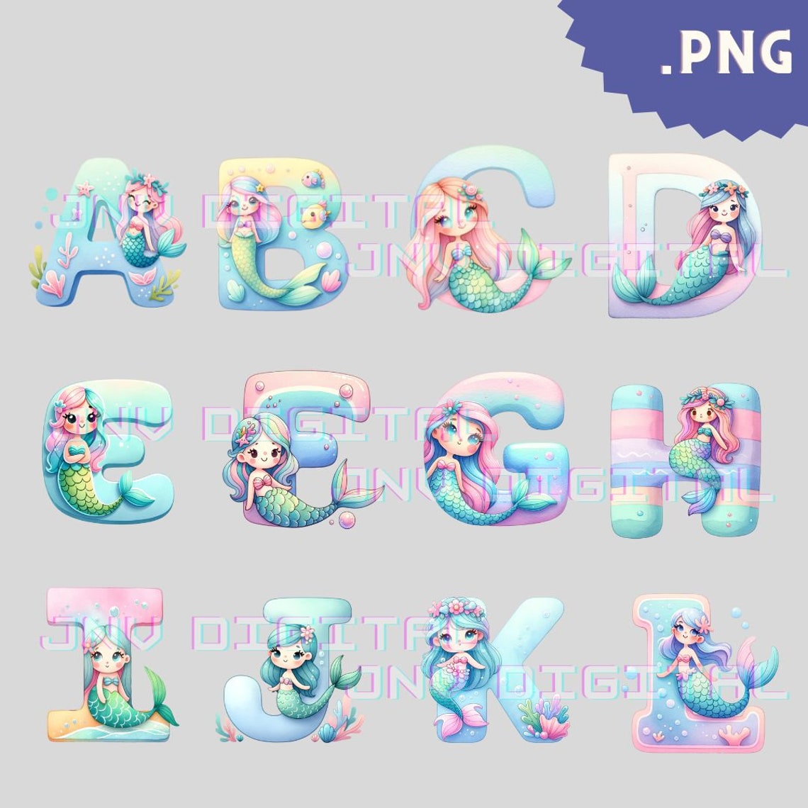 Pastel Watercolor Mermaid Alphabet PNG Fonts - Etsy