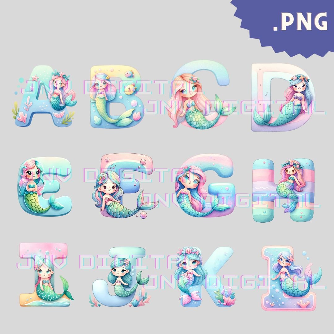 Pastel Watercolor Mermaid Alphabet PNG Fonts - Etsy