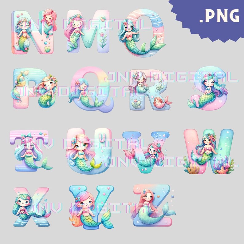 Pastel Watercolor Mermaid Alphabet PNG Fonts - Etsy