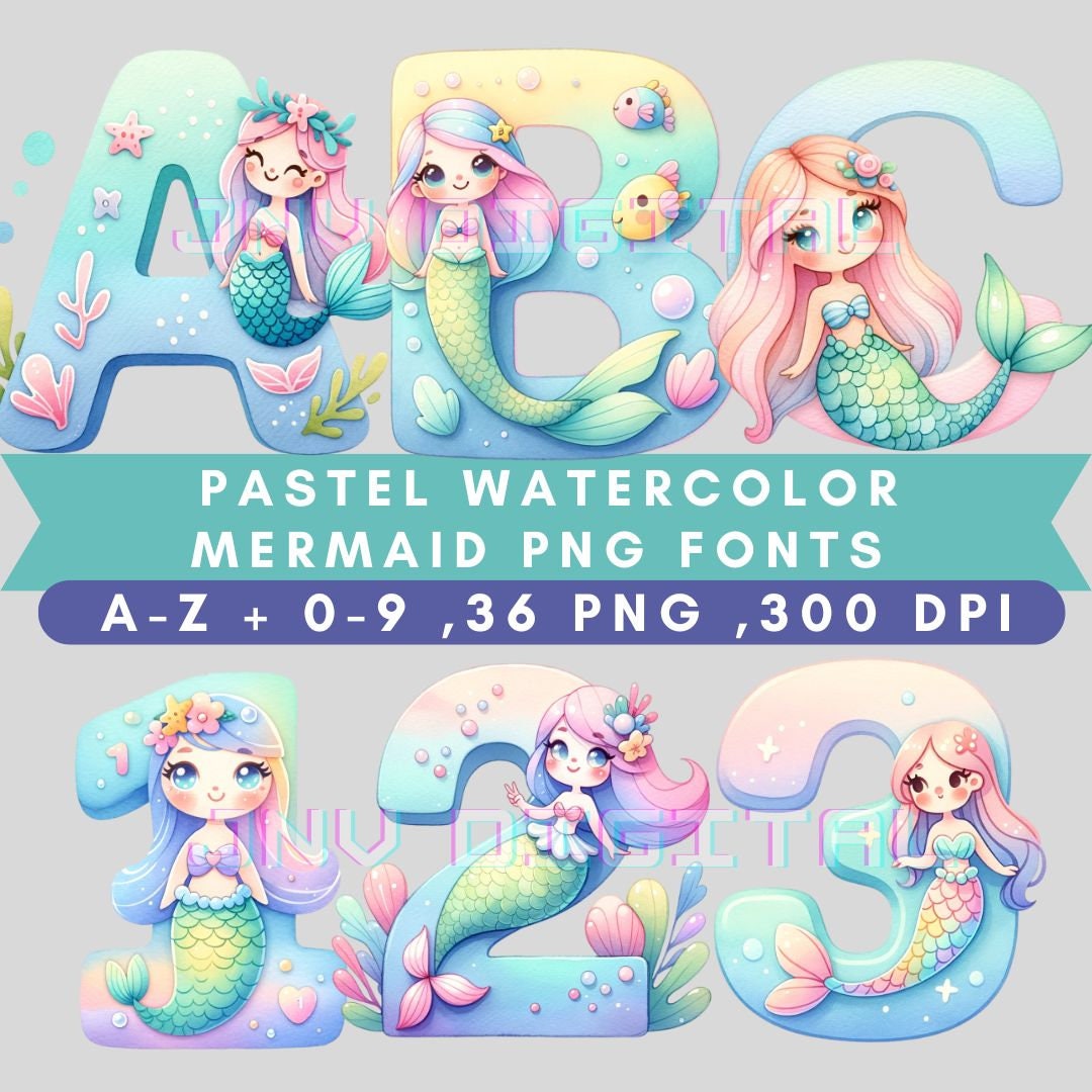 Pastel Watercolor Mermaid Alphabet PNG Fonts - Etsy