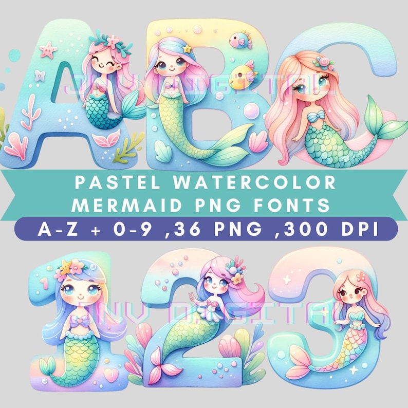 Pastel Watercolor Mermaid Alphabet PNG Fonts - Etsy